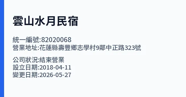 雲山水月民宿的照片-統編 82020068(花蓮縣) 公司登記資料與營業項目詳細圖表