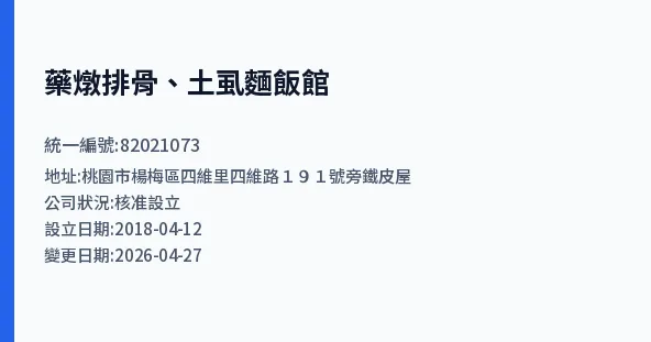藥燉排骨、土虱麵飯館的照片-統編 82021073(桃園市) 公司登記資料與營業項目詳細圖表