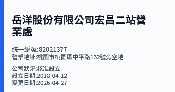 岳洋股份有限公司宏昌二站營業處的照片-統編 82021377(桃園市) 公司登記資料與營業項目詳細圖表