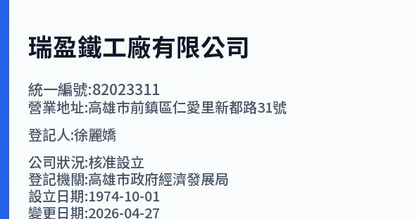 瑞盈鐵工廠有限公司的照片-統編 82023311(高雄市) 公司登記資料與營業項目詳細圖表