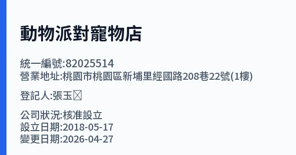 動物派對寵物店的照片-統編 82025514(桃園市) 公司登記資料與營業項目詳細圖表