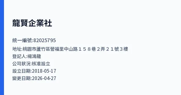 龍賢企業社的照片-統編 82025795(桃園市) 公司登記資料與營業項目詳細圖表
