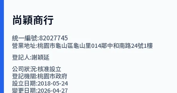 尚穎商行的照片-統編 82027745(桃園市) 公司登記資料與營業項目詳細圖表