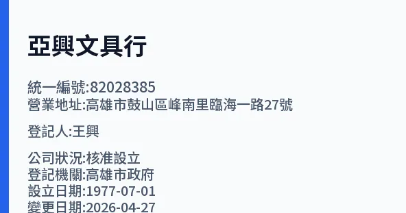 亞興文具行的照片-統編 82028385(高雄市) 公司登記資料與營業項目詳細圖表
