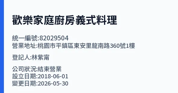 歡樂家庭廚房義式料理的照片-統編 82029504(桃園市) 公司登記資料與營業項目詳細圖表