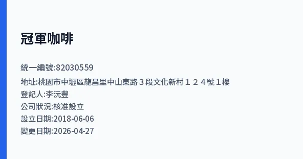冠軍咖啡的照片-統編 82030559(桃園市) 公司登記資料與營業項目詳細圖表