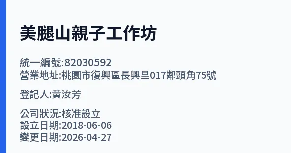 美腿山親子工作坊的照片-統編 82030592(桃園市) 公司登記資料與營業項目詳細圖表