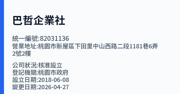 巴哲企業社的照片-統編 82031136(桃園市) 公司登記資料與營業項目詳細圖表