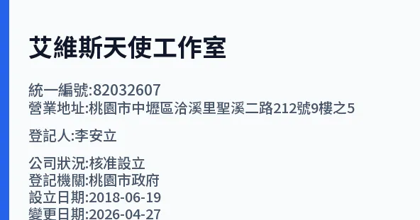 艾維斯天使工作室的照片-統編 82032607(桃園市) 公司登記資料與營業項目詳細圖表