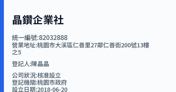 晶鑽企業社的照片-統編 82032888(桃園市) 公司登記資料與營業項目詳細圖表