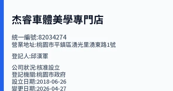 杰睿車體美學專門店的照片-統編 82034274(桃園市) 公司登記資料與營業項目詳細圖表