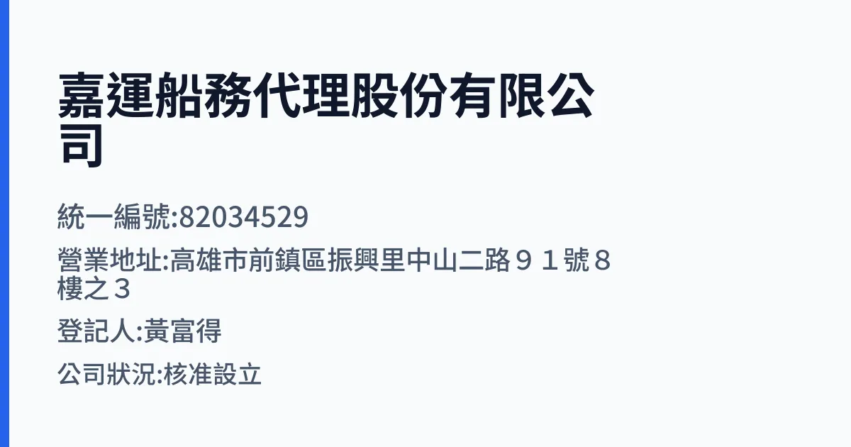嘉運船務代理股份有限公司 - 統編 82034529(高雄市) 公司登記資料與營業項目詳細圖表