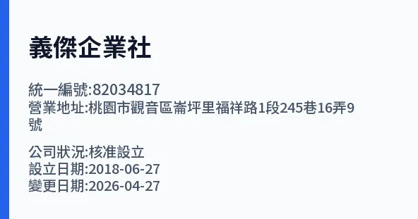 義傑企業社的照片-統編 82034817(桃園市) 公司登記資料與營業項目詳細圖表