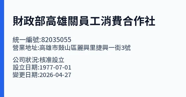 財政部高雄關員工消費合作社的照片-統編 82035055(高雄市) 公司登記資料與營業項目詳細圖表
