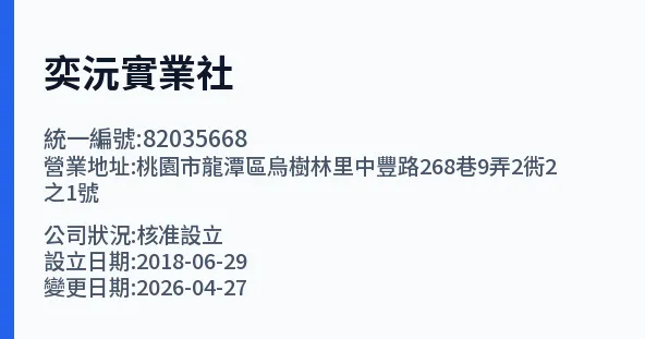 奕沅實業社的照片-統編 82035668(桃園市) 公司登記資料與營業項目詳細圖表