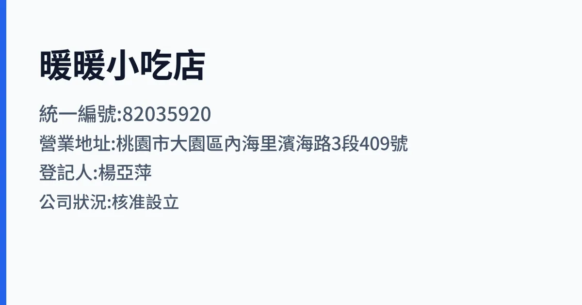 暖暖小吃店 - 統編 82035920(桃園市) 公司登記資料與營業項目詳細圖表