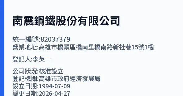 南震鋼鐵股份有限公司的照片-統編 82037379(高雄市) 公司登記資料與營業項目詳細圖表