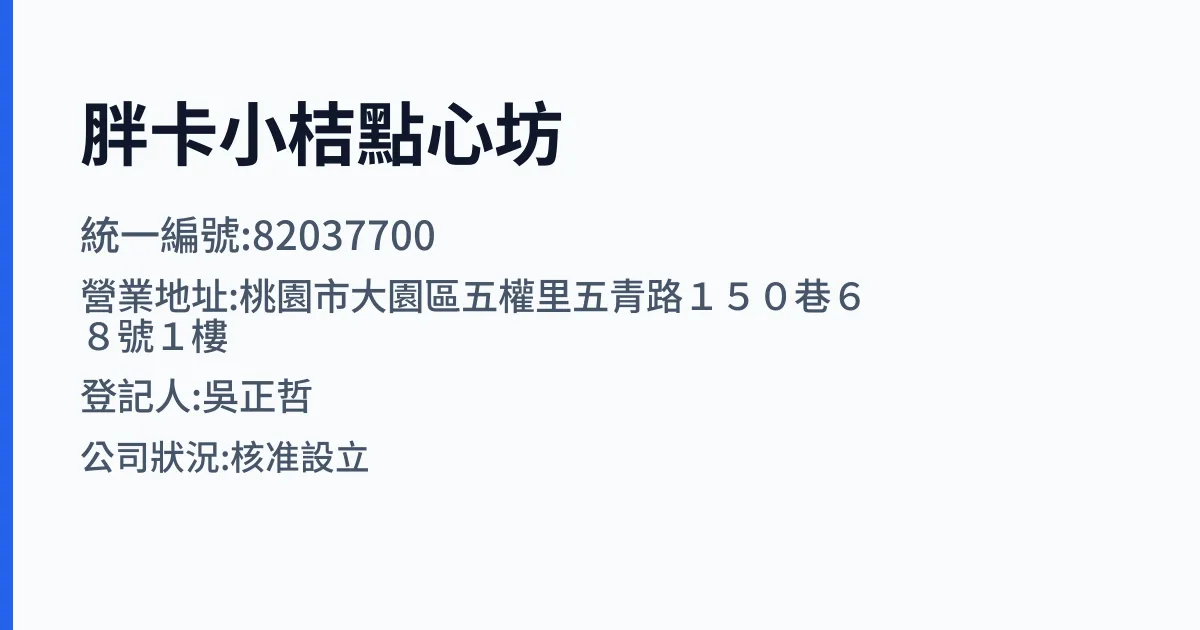 胖卡小桔點心坊 - 統編 82037700(桃園市) 公司登記資料與營業項目詳細圖表