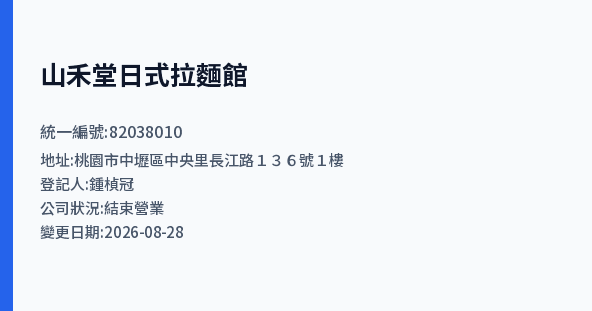 山禾堂日式拉麵館的照片-統編 82038010(桃園市) 公司登記資料與營業項目詳細圖表