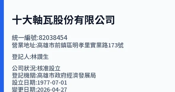 十大軸瓦股份有限公司的照片-統編 82038454(高雄市) 公司登記資料與營業項目詳細圖表