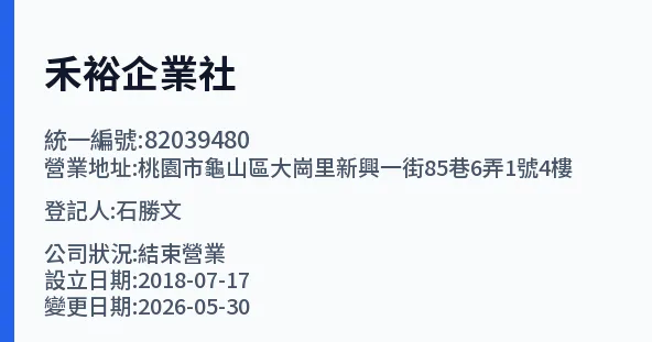 禾裕企業社的照片-統編 82039480(桃園市) 公司登記資料與營業項目詳細圖表