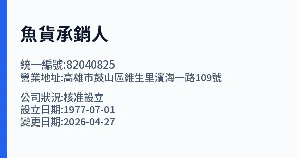 魚貨承銷人的照片-統編 82040825(高雄市) 公司登記資料與營業項目詳細圖表