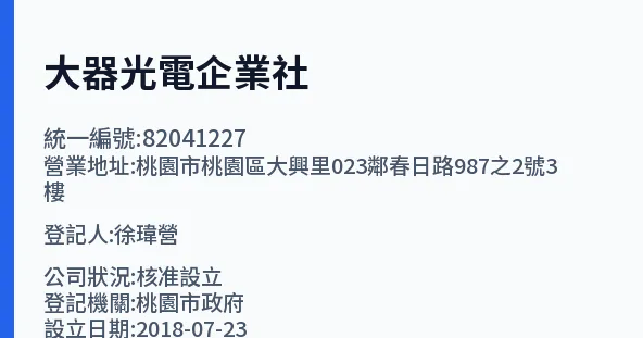 大器光電企業社的照片-統編 82041227(桃園市) 公司登記資料與營業項目詳細圖表