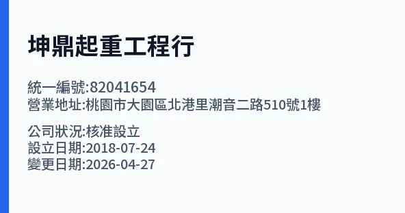 坤鼎起重工程行的照片-統編 82041654(桃園市) 公司登記資料與營業項目詳細圖表