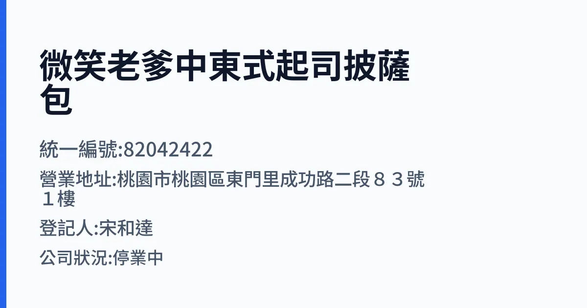 微笑老爹中東式起司披薩包 - 統編 82042422(桃園市) 公司登記資料與營業項目詳細圖表