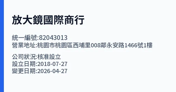 放大鏡國際商行的照片-統編 82043013(桃園市) 公司登記資料與營業項目詳細圖表