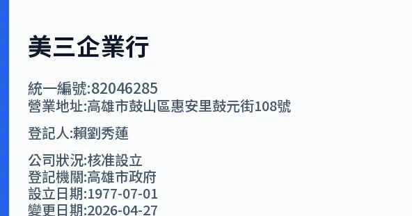 美三企業行的照片-統編 82046285(高雄市) 公司登記資料與營業項目詳細圖表