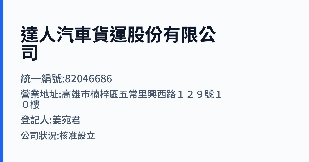 達人汽車貨運股份有限公司 - 統編 82046686(高雄市) 公司登記資料與營業項目詳細圖表
