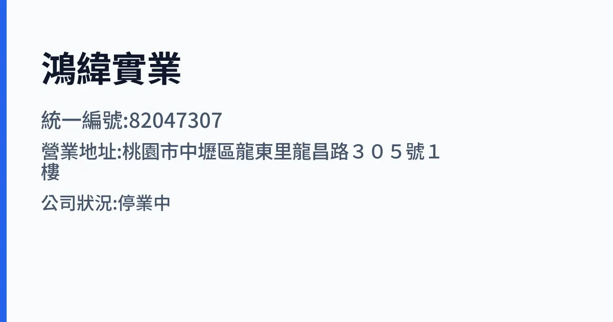 鴻緯實業 - 統編 82047307(桃園市) 公司登記資料與營業項目詳細圖表