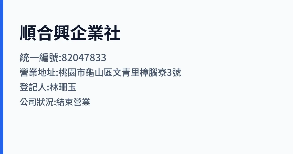 順合興企業社 - 統編 82047833(桃園市) 公司登記資料與營業項目詳細圖表