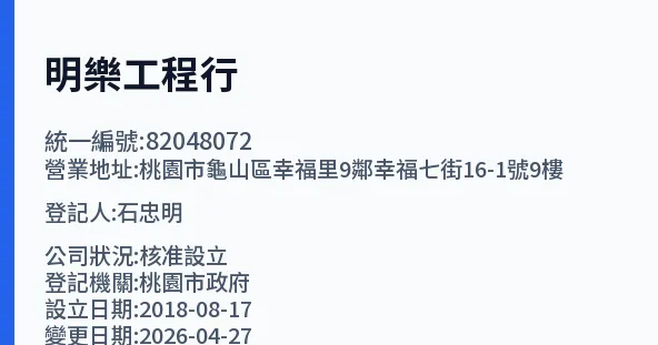 明樂工程行的照片-統編 82048072(桃園市) 公司登記資料與營業項目詳細圖表