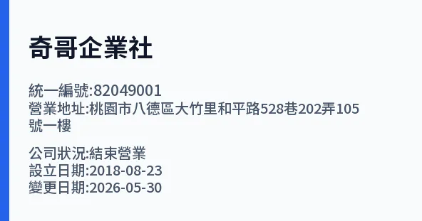 奇哥企業社的照片-統編 82049001(桃園市) 公司登記資料與營業項目詳細圖表