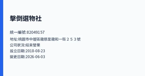 擊倒選物社的照片-統編 82049157(桃園市) 公司登記資料與營業項目詳細圖表