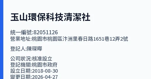 玉山環保科技清潔社的照片-統編 82051126(桃園市) 公司登記資料與營業項目詳細圖表