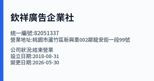欽祥廣告企業社的照片-統編 82051337(桃園市) 公司登記資料與營業項目詳細圖表