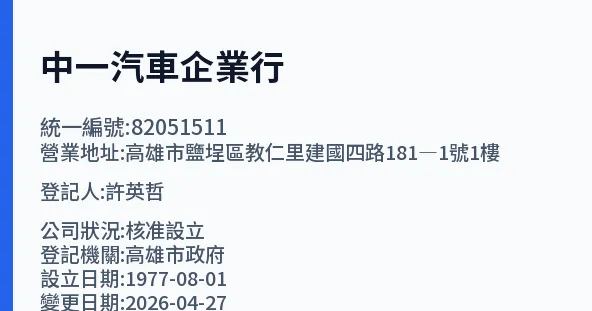 中一汽車企業行的照片-統編 82051511(高雄市) 公司登記資料與營業項目詳細圖表