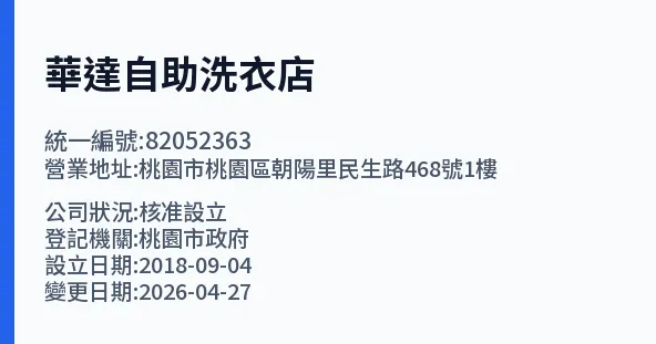 華達自助洗衣店的照片-統編 82052363(桃園市) 公司登記資料與營業項目詳細圖表