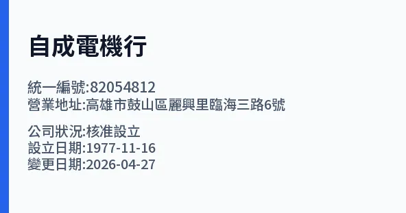 自成電機行的照片-統編 82054812(高雄市) 公司登記資料與營業項目詳細圖表