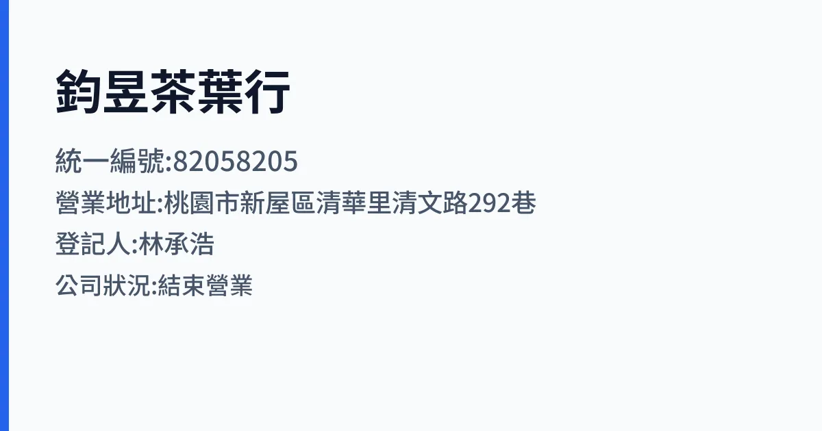 鈞昱茶葉行 - 統編 82058205(桃園市) 公司登記資料與營業項目詳細圖表