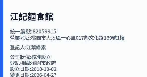 江記麵食館的照片-統編 82059915(桃園市) 公司登記資料與營業項目詳細圖表