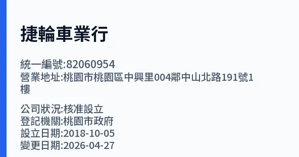捷輪車業行的照片-統編 82060954(桃園市) 公司登記資料與營業項目詳細圖表
