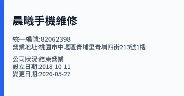 晨曦手機維修的照片-統編 82062398(桃園市) 公司登記資料與營業項目詳細圖表