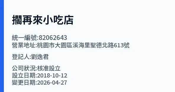 擱再來小吃店的照片-統編 82062643(桃園市) 公司登記資料與營業項目詳細圖表
