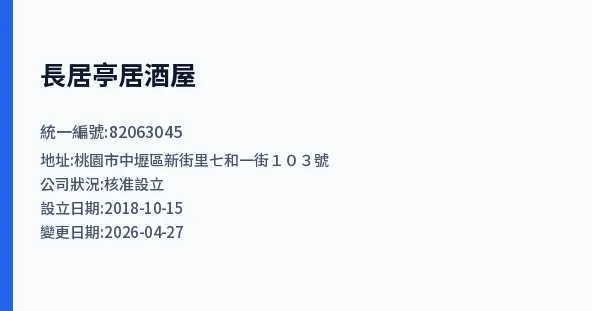 長居亭居酒屋的照片-統編 82063045(桃園市) 公司登記資料與營業項目詳細圖表