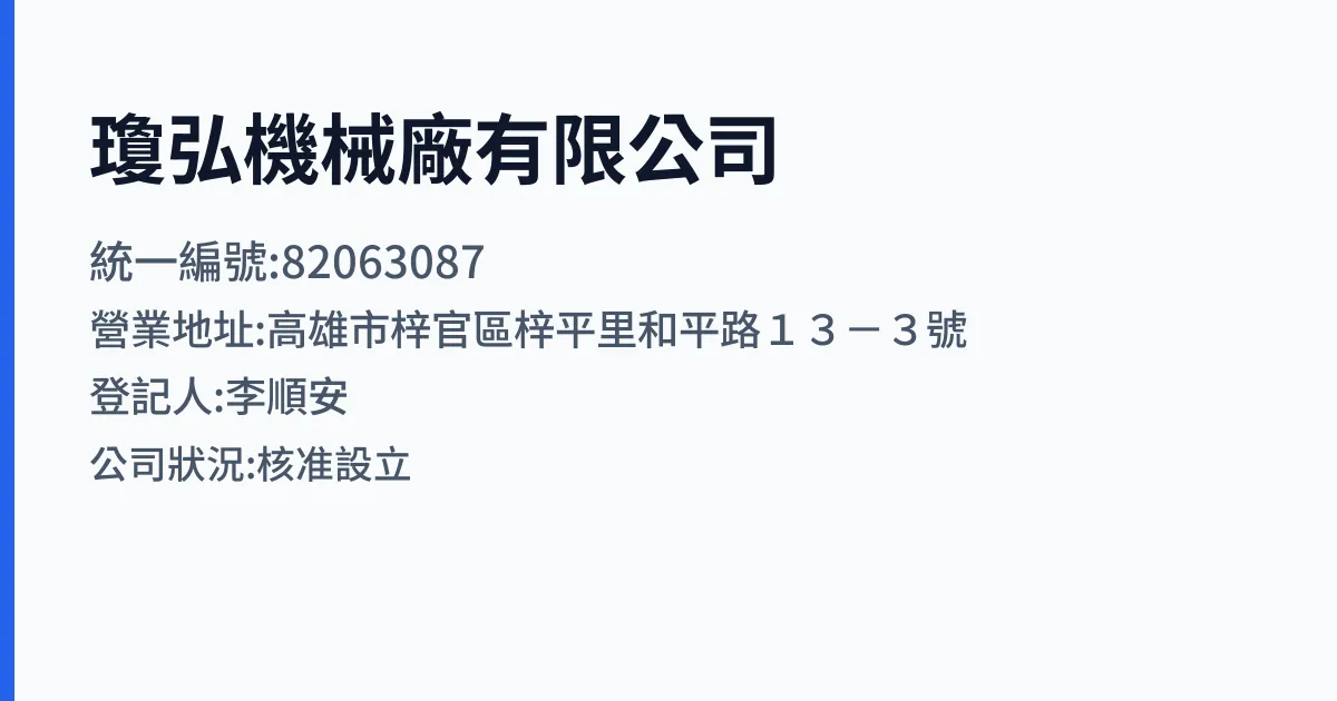 瓊弘機械廠有限公司 - 統編 82063087(高雄市) 公司登記資料與營業項目詳細圖表