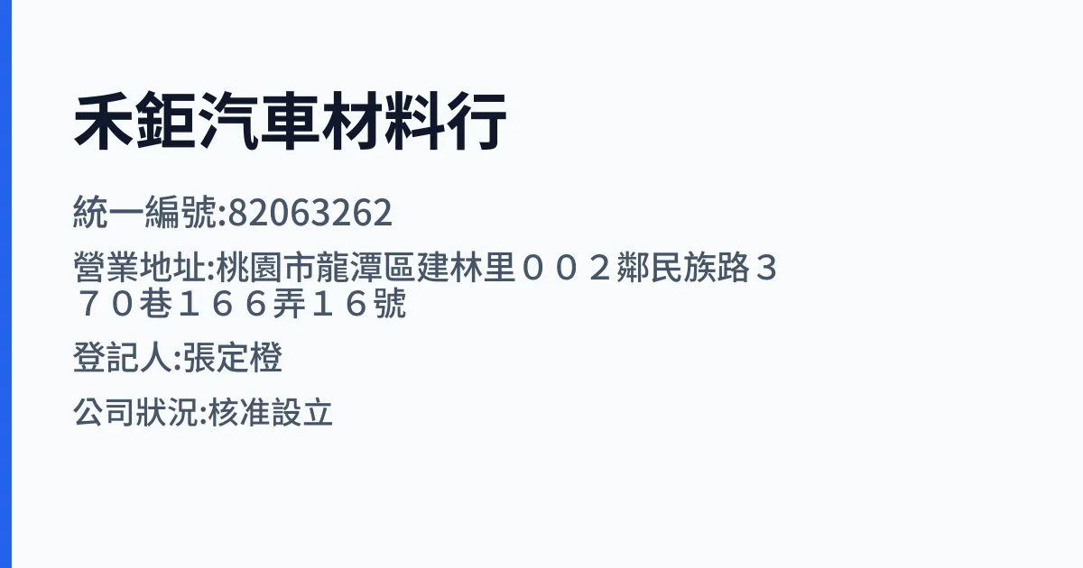 禾鉅汽車材料行 - 統編 82063262(桃園市) 公司登記資料與營業項目詳細圖表